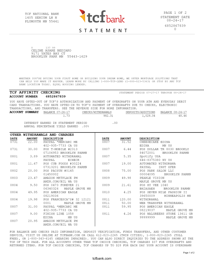 صورتحساب TCF Bank - پازل